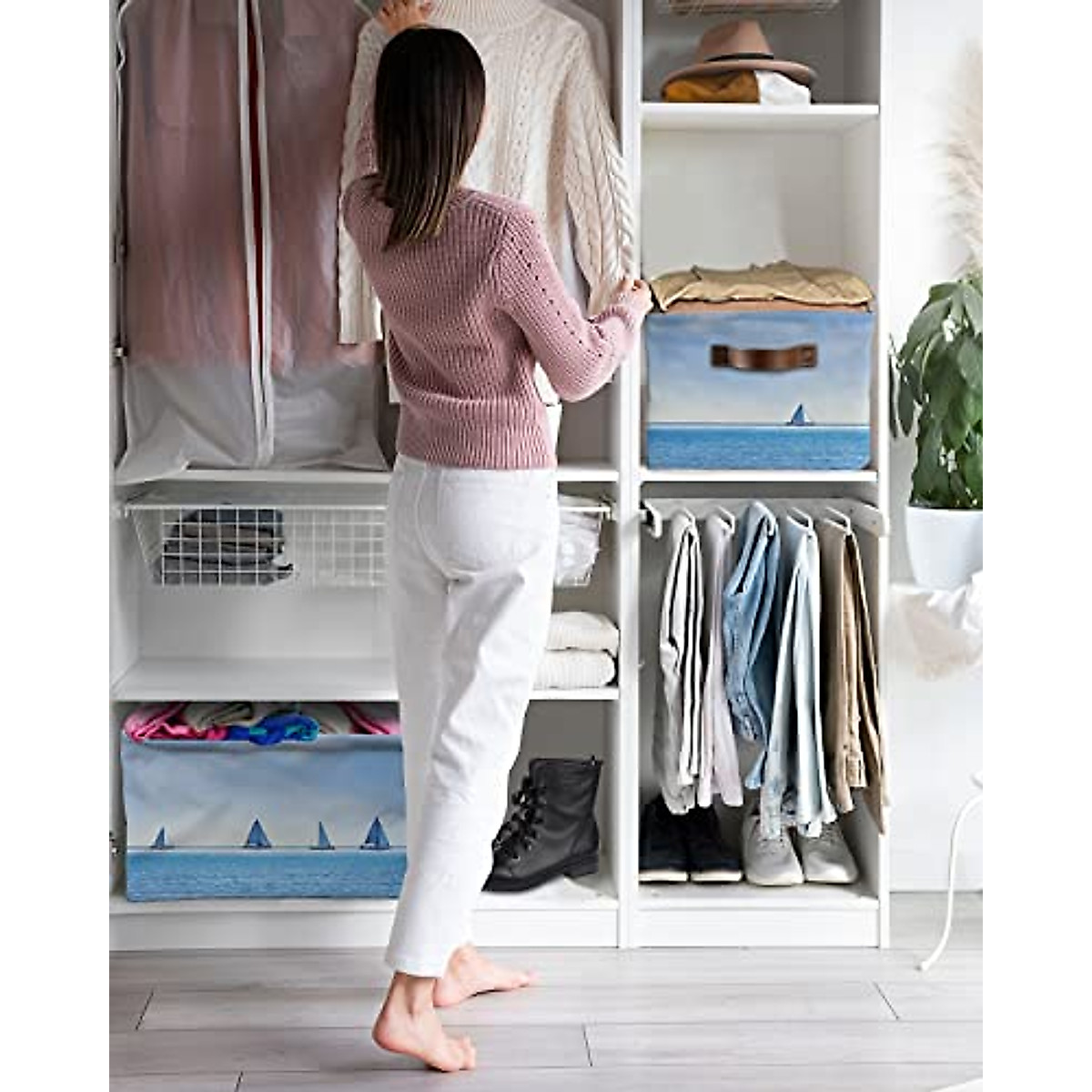 Blue Wide Sea Sailboat Storage Bins, Collapsible Cube Storage Organizer with Handles, Sea Horizon Sky White Clouds Waterproof Clothes Hamper Storage Basket for Toys/Blanket 15"x11"x9.5"