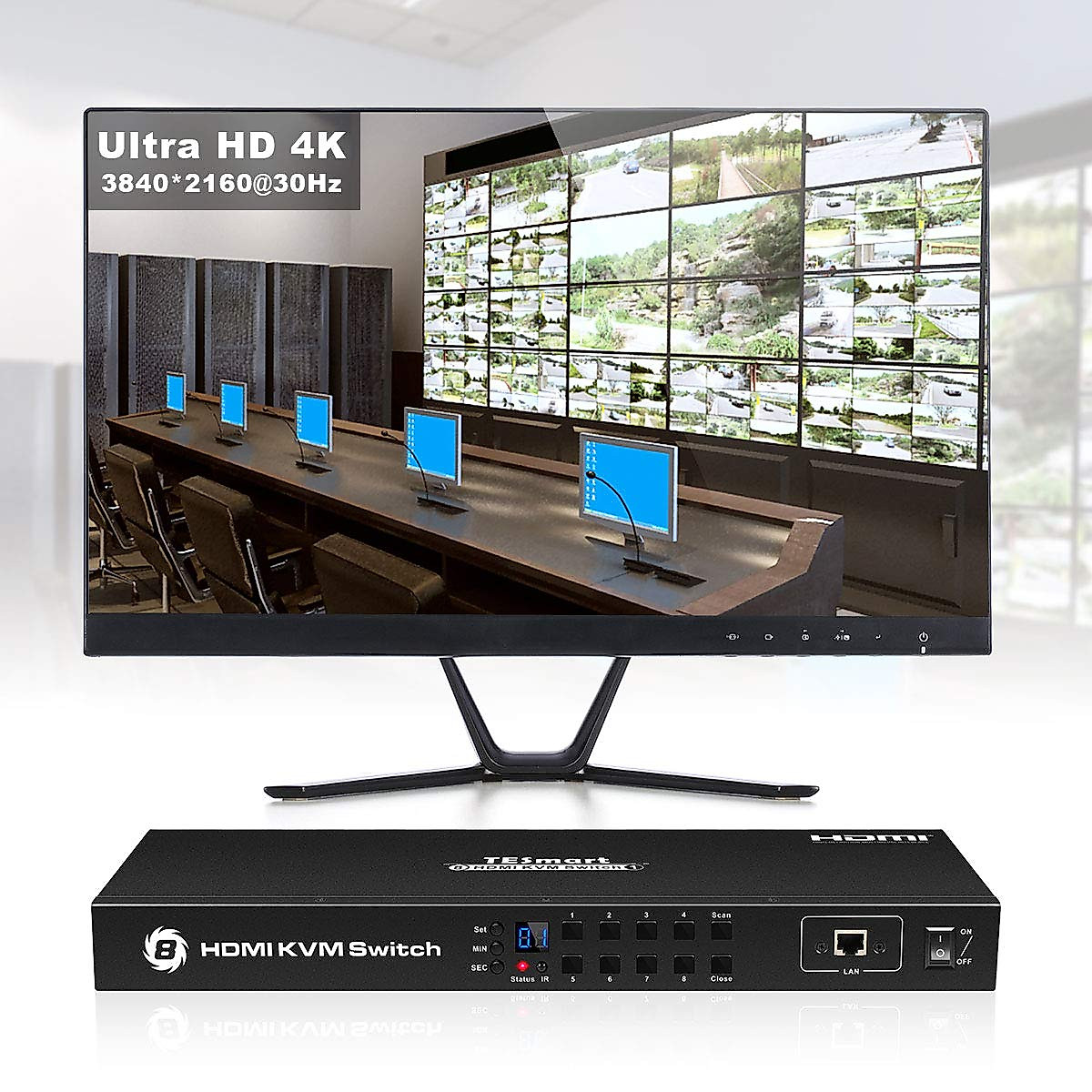 TESmart 8 Port HDMI KVM Switch 4K @ 30Hz with Standard USB 2.0, IR Remote Control | RS232 | LAN Port | Auto-Scan, etc with Rack Mount 4 Pcs 5ft/1.5m KVM Cable