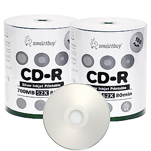 Smart Buy CD-R 200 Pack 700mb 52x Printable Silver Inkjet Blank Recordable Discs, 200 Disc, 200pk