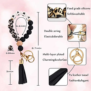 BAOSIWA Silicone Beaded Mama Key Chain Bracelet Wristlet Keyring Leopard Bangle Keychains Mothers Day Gifts for Women with Leather Tassel