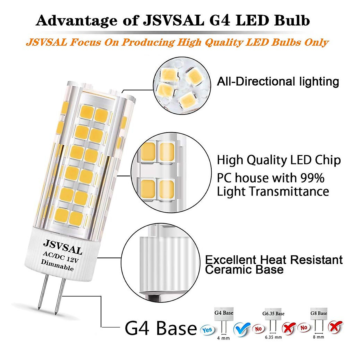 JSVSAL (4-Pack G4 LED Bulb Dimmable 7 Watt G4 Bulb Equivalent to 60W 70W G4 Halogen Bulb Replacement, T3 JC Type Bi-Pin G4 Base, DC/AC 12V Natural White-4000K G4 Light Bulb