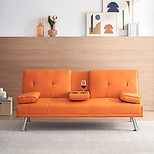 Anwickhomk 67" Multifunctional Double Folding Sofa Bed with 2 Cup holders,Leather Couch Loveseat Sleeper with Removable Armrests,Convertible Folding Couches Bed for Office Small Spaces (Orange)