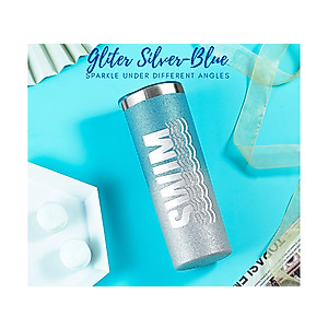 Onebttl Swimming Gifts, Swimmer Stainless Steel Skinny Tumbler for Women, Teen Girls, Teammate, Coach (20oz, Glitter Silver & Blue)-Swim