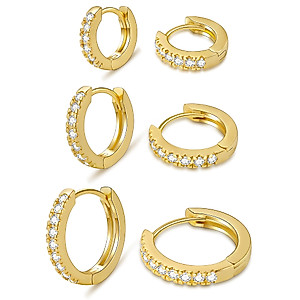 micuco 3 Pairs Small Hoop Earrings Tiny Cartilage Earrings for Women Cubic Zirconia Earrings Gold Plated Huggie Hoop Ear Piercing Earrings for Men Gold Plated 8mm 10mm 12mm