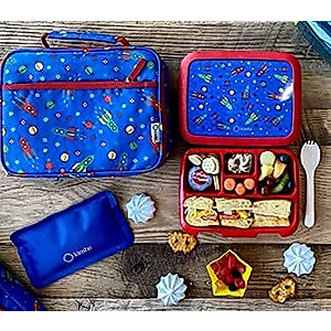 kinsho Bento Lunch Box and Matching Lunch Bag with Ice Pack Set for Kids, Toddlers (Blue Red Rockets)