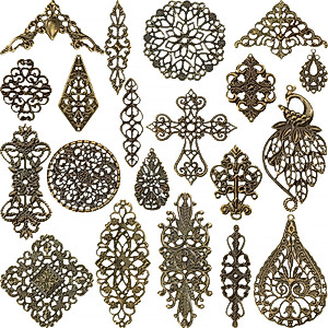 Luinabio 120 Pieces Filigree Connectors Charms Pendants Decoration Tibetan Metal Filigree Findings Embellishments for DIY Hairpin Necklace Earring Jewelry Making(Bronze,Fresh Style)