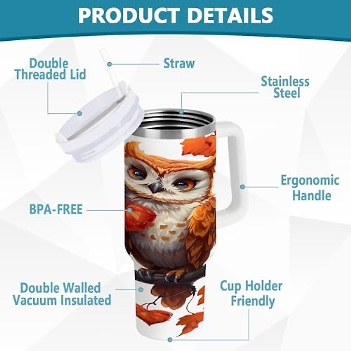 ODAWA Owl Maple Leaf Travel Coffee Tumbler 30 Oz Travel Mug with Handle and Straw