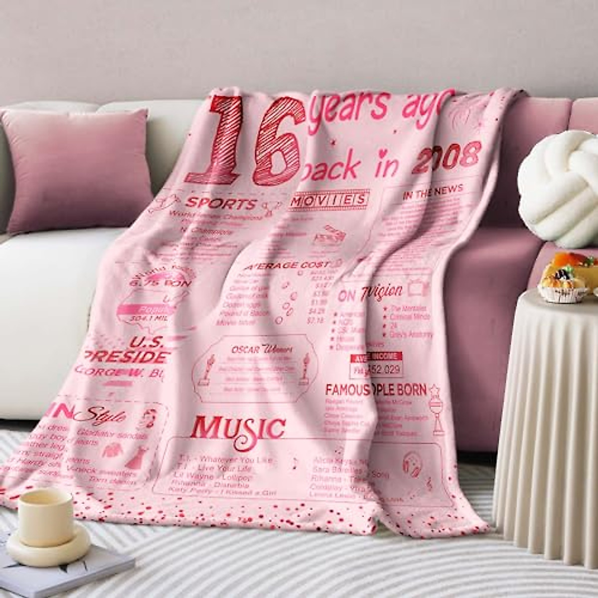Sweet 16 Birthday Gifts for Girls 16th Birthday Decorations Big Sister Gifts for Little Girls Sweet 16 Gift Ideas for Daughter Sister Bestie Soft Throw Blanket Back in 2008-60x50 Inch - Pink