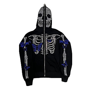 Men Rhinestone Hoodies Y2k Full Zip Up Hoodies Women Oversized Skull Skeleton Graphic Sweatshirt Zip Over Face Gothic Jackets (Blue, L)