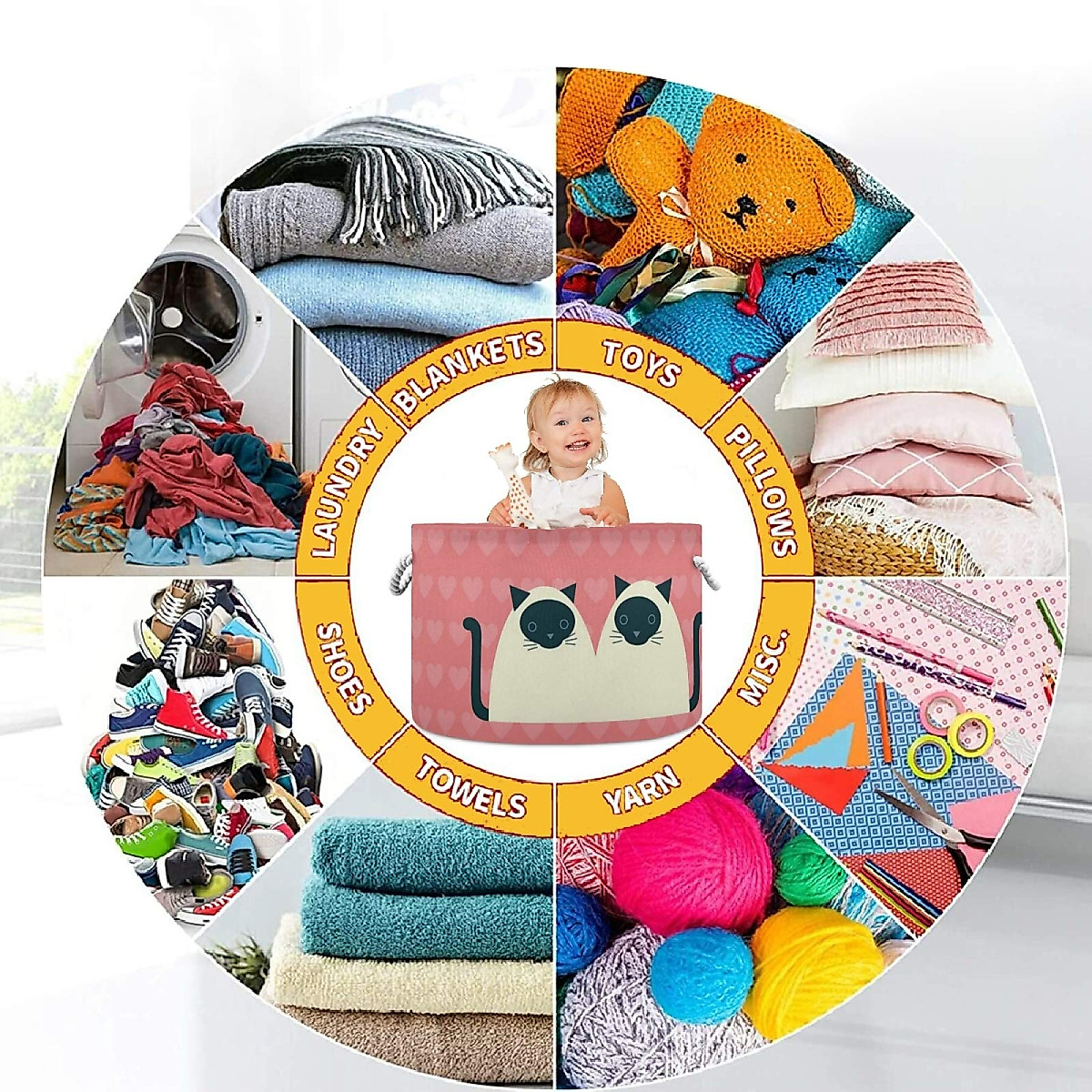 visesunny Cat Pink Heart Cartoon Collapsible Large Capacity Basket Storage Bin with Durable Cotton Handles, Home Organizer Solution for Office, Bedroom, Closet, Toys, Laundry