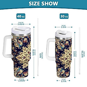 Jihqo Baroque Style Flowers 40 oz Stainless Steel Vacuum Insulated Tumbler with Handle and Straw Lid, Leakproof Water Bottle Double Wall Travel Mug Coffee Cup, Cupholder Friendly