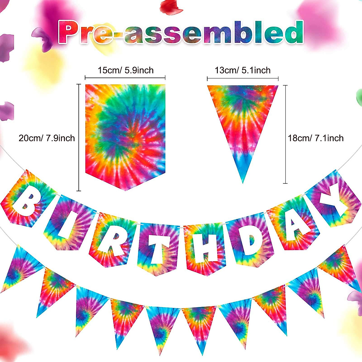 2 Pieces Tie Dye Birthday Party Supplies Happy Birthday Pennant Banner for Tie Dye Party Art Retro 60s 70s Theme Hippie Carnival Baby Shower Birthday Party Decorations