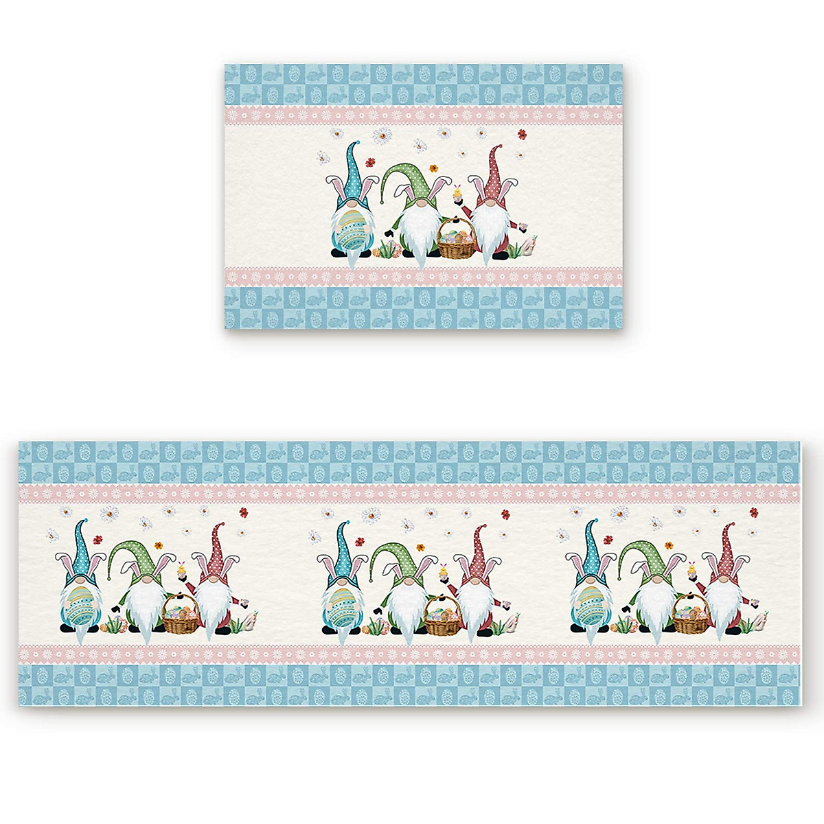 Z&L Home Happy Easter Lovely Gnomes Kitchen Rug Sets 2 Piece Floor Mat Non-Slip Rubber Backing Area Runners Door Mats, Cute Bunny Eggs Buffalo Plaid Indoor Washable Carpet, 15.7x23.6inch+15.7x47.2inch