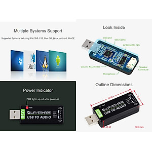 Waveshare USB Sound Card for Raspberry Pi/Jetson Nano USB Audio Module External Audio Converter Recording and Playback Support Stereo Codec Onboard Microphone and Speaker Header No Driver Required