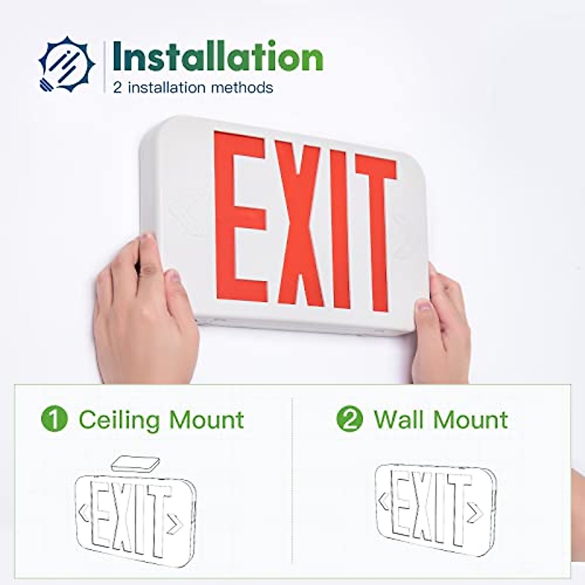FREELICHT Red LED Exit Sign with Battery Backup，Exit Sign for Business，Easy to Install，UL Certified，AC 120/277V，Pack of 10