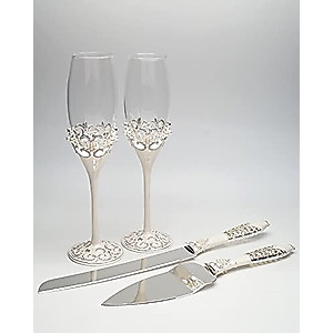 Lassos Boutique 4-Piece Set Wedding Toasting Champagne Toasting Flutes and Cake Knife Pie Server Set, Silver