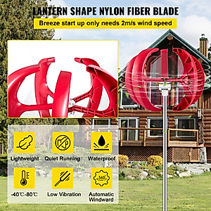 VEVOR Lantern Wind Turbine, 12V/100W Vertical Turbine Generator, 35'' Wheel Diameter Axis w/Monitoring Light/Built-in Controller for Terrace/Chalet/Fishing Boat/Motor Home Red