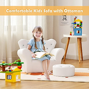 FIREFLOWERY Toddler Chair, Toddler Chairs Comfy, Princess Kids Couch with Ottoman, Toddler Couch with Wooden Frame and PVC Leather, Kids Sofa for Girls and Boys, Ideal for Bedroom, Living Room