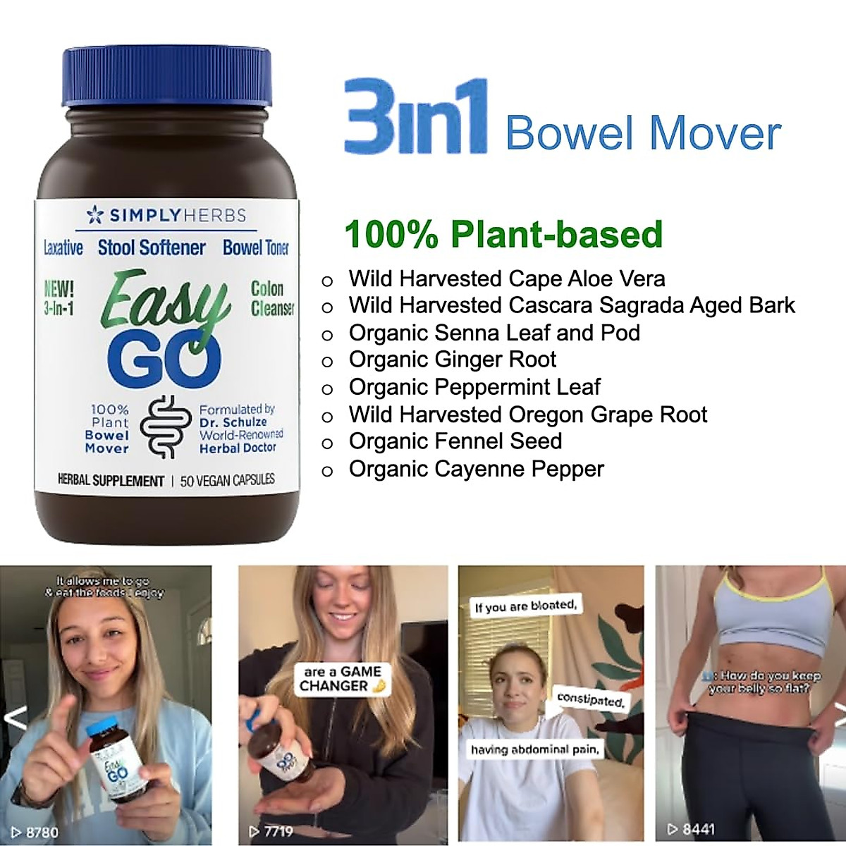 Dr. Schulze's Easy GO Bowel Mover - Formulated Gentle Laxative, Colon Toner & Stool Softener | 100% Plant Natural Bowel Cleanse - Promotes Regular & Complete Bowel Movements - 50 Count Vegan