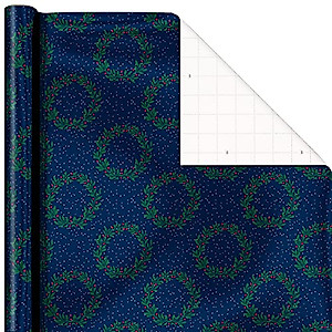 Hallmark Foil Holiday Wrapping Paper with Cut Lines on Reverse (3 Rolls: 60 sq. ft. ttl) Woodland Scene with Deer, Green and Navy Blue Plaid, Wreaths on Navy Blue