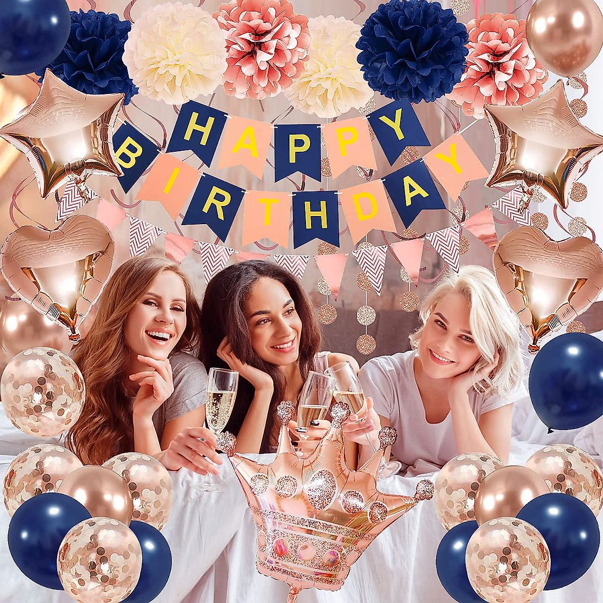 Navy Blue and Rose Gold Birthday Party Decorations for Women Girls,Happy Birthday Banner,Rose Gold Party Decorations for Women with Tissue Paper Pom,Hanging Swirls,Circle Dots Garland for Women Girls Birthday Decorations