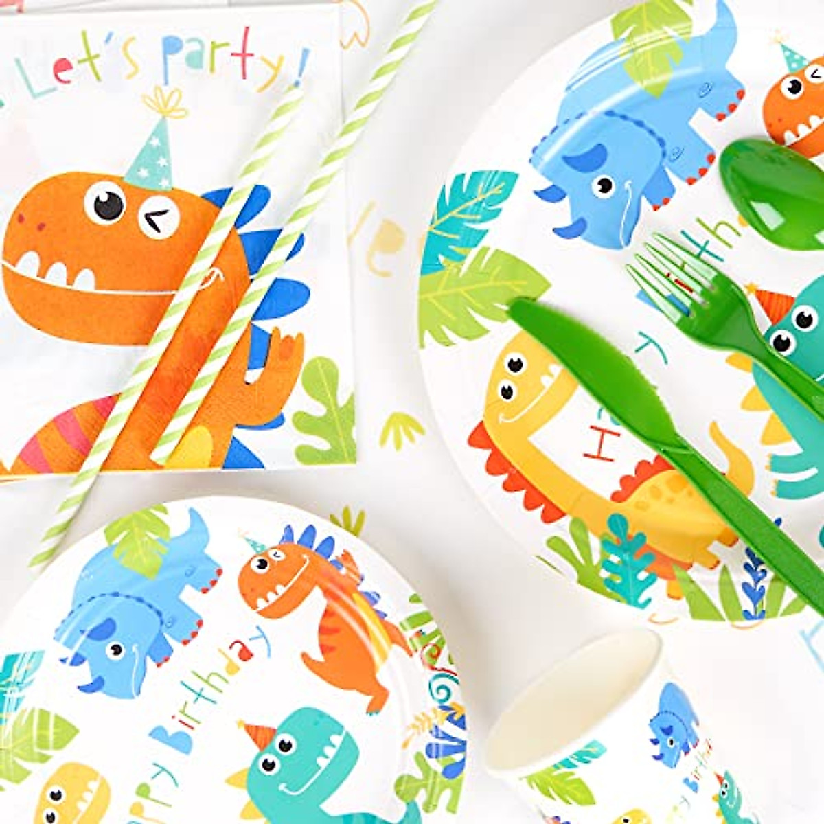 Dinosaur Birthday Party Supplies Serves 16 with Backdrop, Dinosaur Party Decorations for Boys, Complete Pack Include Hanging Swirls, Tablecloth, Plates and Napkins Set, Total 173pcs