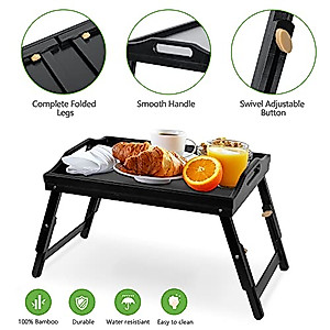 Mayyol Breakfast Bed Tray for Eating - Height Adjustable Raised Food Table - Bamboo Serving Tray on Lap Sofa - Portable Snack Platter with Folding Legs Ideal for Bedroom, Picnic - Black