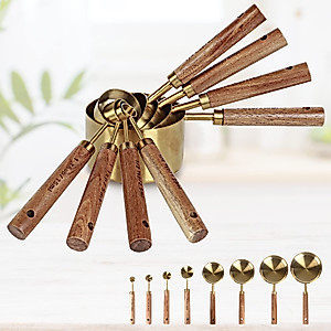 PrettyFine Collection 8 Piece Gold Measuring Cups Set and Measuring Spoons, Golden With fragrant wood Handles-Complete Set of Measure Cups and Spoons For Cooking and Baking.…