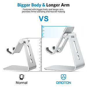 OMOTON C3 Cell Phone Stand for Desk, Larger and Exceptionally Stable, Adjustable Phone Cradle Holder with Bigger Body & Longer Arm, Compatible with iPhone 14, Tablets (7-10") and More, Silver