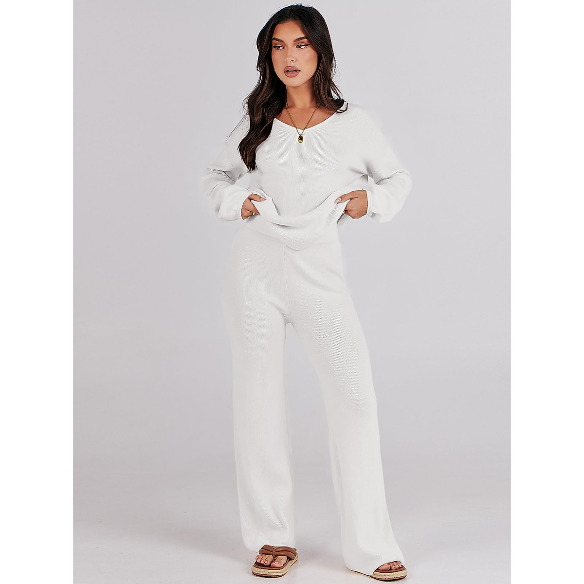 ANRABESS Women 2 Piece Outfits Sweater Lounge Sets Long Sleeve Cable Knit Pullover and Wide Leg Pants Tracksuit Matching Set White Large