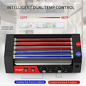 Awgpd Hot Dog Roller 5 Rollers 12 Hot Dogs Capacity, 750W Stainless Sausage Grill Cooker Machine with Dual Temp Control,Removable Drip Tray for Party Home Commercial (5 Roller)