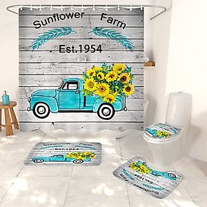 Dexsawoi 4pcs Rustic Sunflower Truck Shower Curtain Set with Non-Slip Sunflower Carpet, Toilet lid, and Bath mat. Bathroom Curtain with 12 Hooks 72 x 72 inches