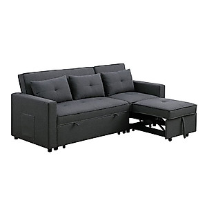 Rovinj Contemporary Convertible Sleeper Sofa with Side Pocket in Linen Fabric (Dark Gray)