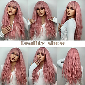 Netgo Women's Pink Wig Long Fluffy Curly Wavy Hair Wigs for Girl Heat Friendly Synthetic Cosplay Party Wigs