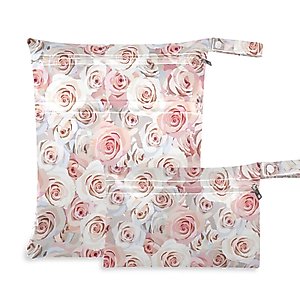 Kigai 2pcs Travel Wet and Dry Bag, Fashion Waterproof Wet Bags for Diapers, Swimwear, ect. Beach/Travel, Pink White Roses