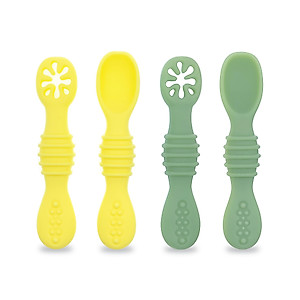 JuLe Self Feeding Baby Spoon Set (NEW Pre-Stage 1 + Stage 1) Silicon, Infant, Toddler, Weaning (Sage/Duckling, Set of 4)