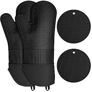 Oven Mitts and Pot Holders Kitchen: 550℉ Heat Resistant Silicone Oven Gloves with Pot Holders Set - Extra Long Quilted Oven Mitt and Large Hot Pads Set Washable Mittens for Kitchen Cooking Baking