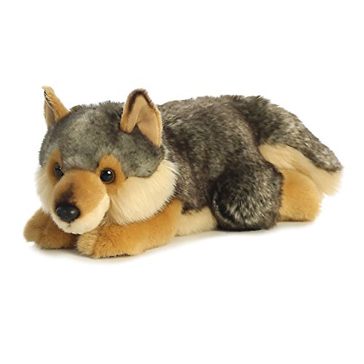 Aurora® Realistic Miyoni® Lying Wolf Stuffed Animal - Lifelike Detail - Cherished Companionship - Gray 11 Inches