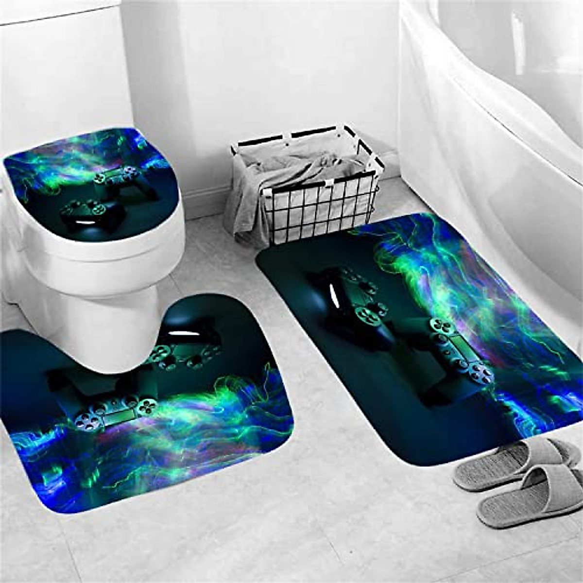Mycurer Aurora Gaming Shower Curtain Sets with Rugs for Boys,4 Pcs Modern Two Gamepads Controller Bath Curtain Sets,Durable Bathroom Sets with Gamer Shower Curtains for Kids Bathroom