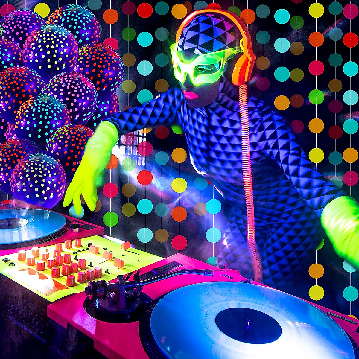 Glow In The Dark Party Supplies Glow Party Neon Party Supply Set, 98.4ft 6Rolls Blacklight Luminous Tape 14.4ft Neon Streamers Garland 25Pcs Fluorescent Neon Balloon Decor(Clear,Dot)