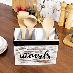 MyGift White Washed Solid Wood Kitchen Utensil Holder with Black Metal Rim Accent and 2 Compartments, Countertop Buffet Flatware Holder with Utensils Cursive Design
