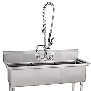 COOLWEST Commercial Sink Faucet 8 Inch Center Wall Mount Kitchen Faucet with Pull Down Pre-Rinse Sprayer and 12” Add-on Swivel Spout, 36” Height Perfect for 3 Bay Compartment Sink