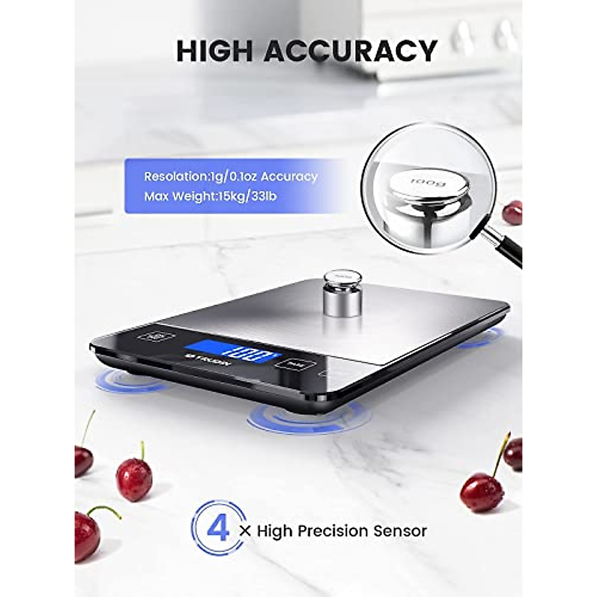 【NASA-Grade】33lb Food Kitchen Digital Scale,【Bread Meat Cookies Measures Precisely】Weight Grams and Ounces for Baking Cooking,1g/0.1oz Precise Graduation,304 Stainless Steel,Waterproof Tempered Glass