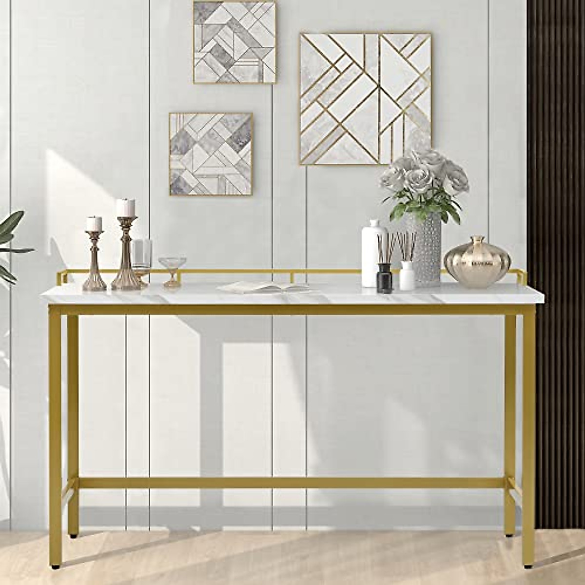 P PURLOVE 4 Piece Counter Height Dining Table Set Long Console Dining Table Set Bar Kitchen Set with 3 PU Stools for Living Room Kitchen Room