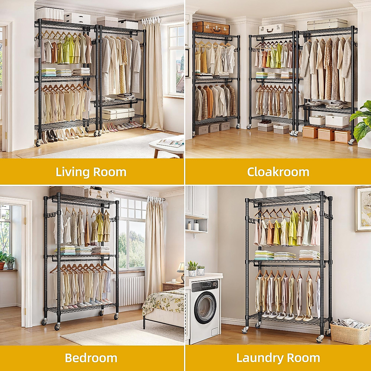 DWVO Rolling Clothes Rack with Wheels, Heavy Duty Garment Rack with 3 Tiers Adjustable Wire Shelving, Portable Clothing Rack for Cloakroom Bedroom Laundry Storage Organizer, Black
