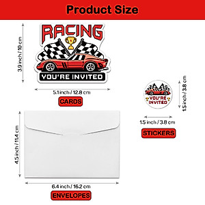 REWIDPARTY Race Car Party Invitations with Envelopes & Stickers（Set of 15） Red Racing Shaped Fill-in Invitations Car Racing Birthday Party Invite Cards Race Car Party Supplies for Kids Teens Adults