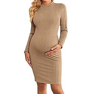Ekouaer Maternity Dress Rib Knit Mock Turtleneck Long Sleeve Stretchy Bodycon Pregnancy Dresses Khaki L