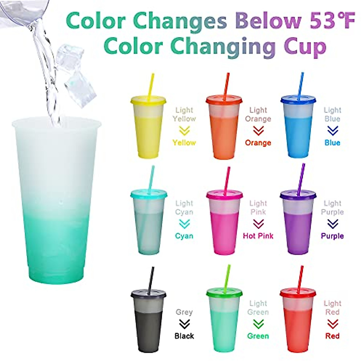 Reusable Plastic Tumblers with Lids & Straws - 9 Pcs 24oz Large Color Changing Cups for Adults Kids Women Party | Tall Iced Cold Straw Drinking Cute Tumbler Cup Bulk