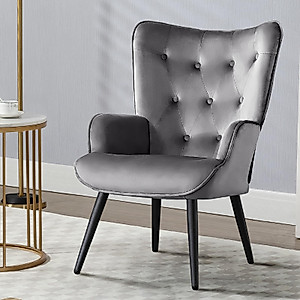 Furniliving Modern Accent Chair, Velvet Tufted Button Wingback Chair Upholstered Side Armchair Comfy Lounge Chair with Tapered Legs Sofa Leisure Chair for Home Office/Living Room/Bedroom, Grey