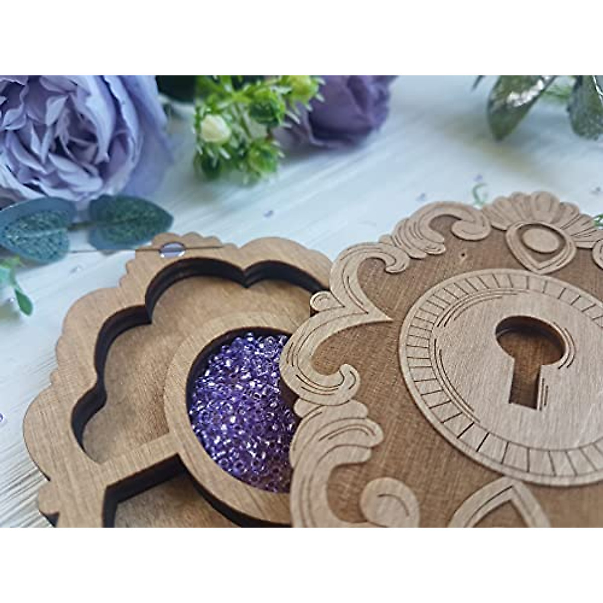 Wooden Embroidery Diamond Painting Accessories Storage Box Beads Organizer with Wooden lid Tray Divider Jewelry Box Needlework Bead Holder (Key)
